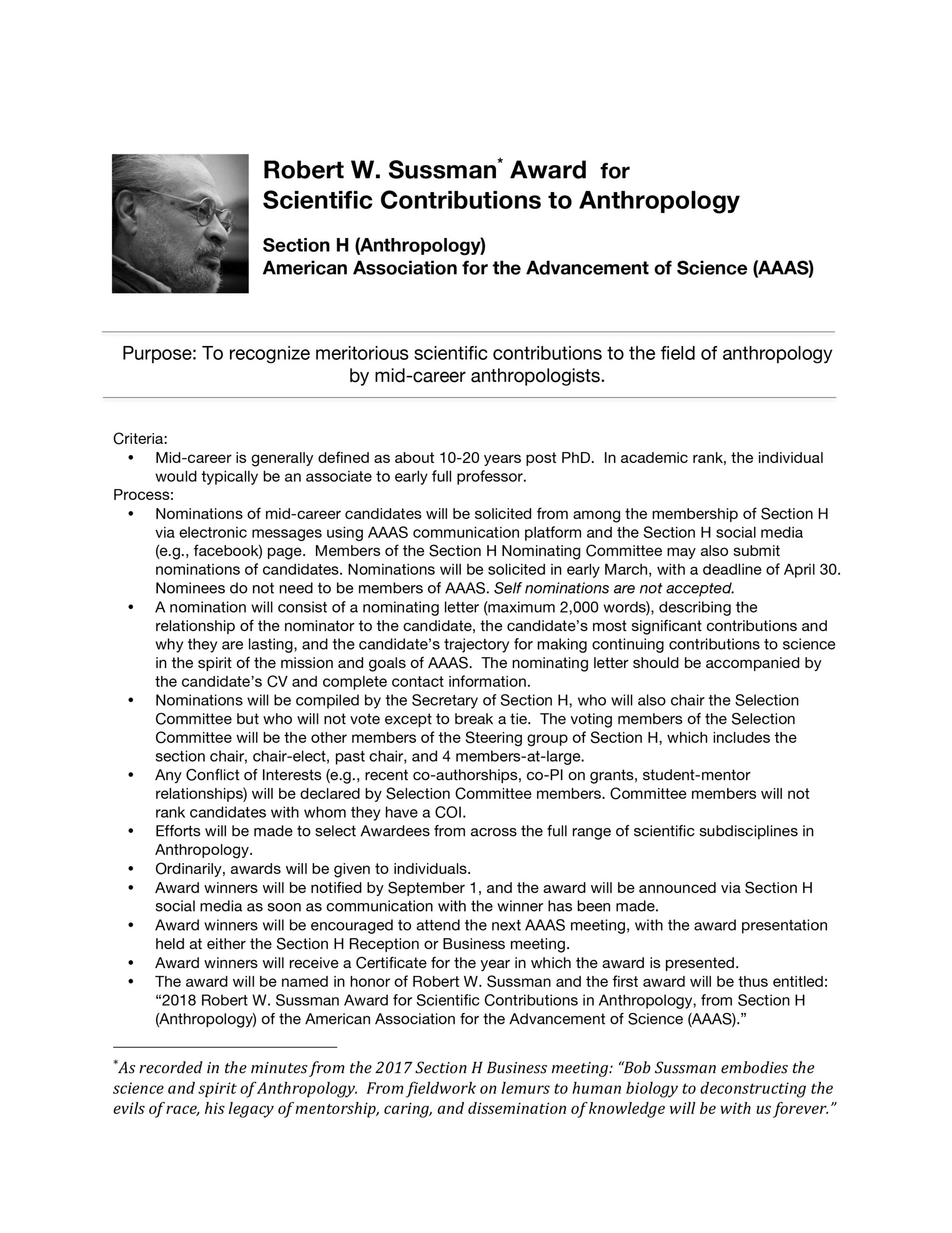 AAAS Anthropology Section announces the Robert W. Sussman Award for ...